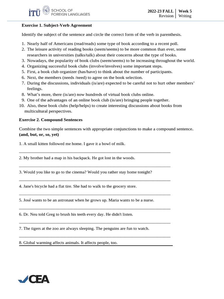 Writing Exercises: Subject-Verb Agreement & Sentences | PDF | Zoo