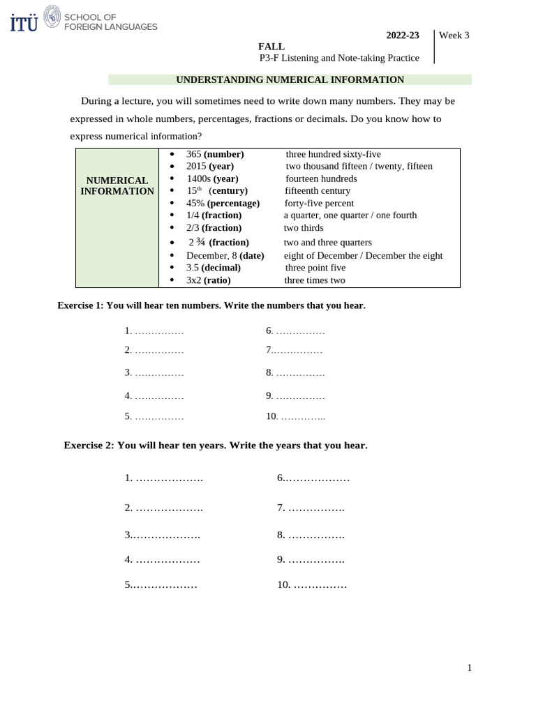 Listening and Note-Taking Practice - Student's | PDF | Percentage