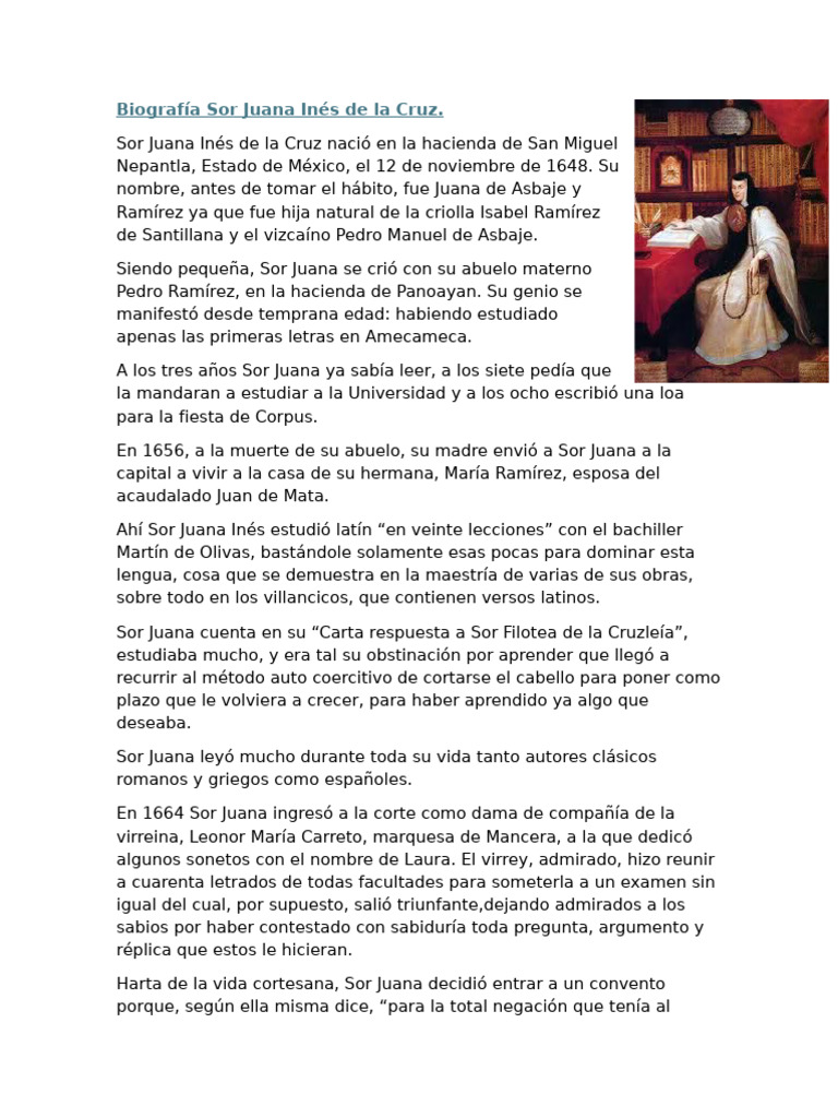 Biografía Sor Juana Inés de la Cruz | PDF