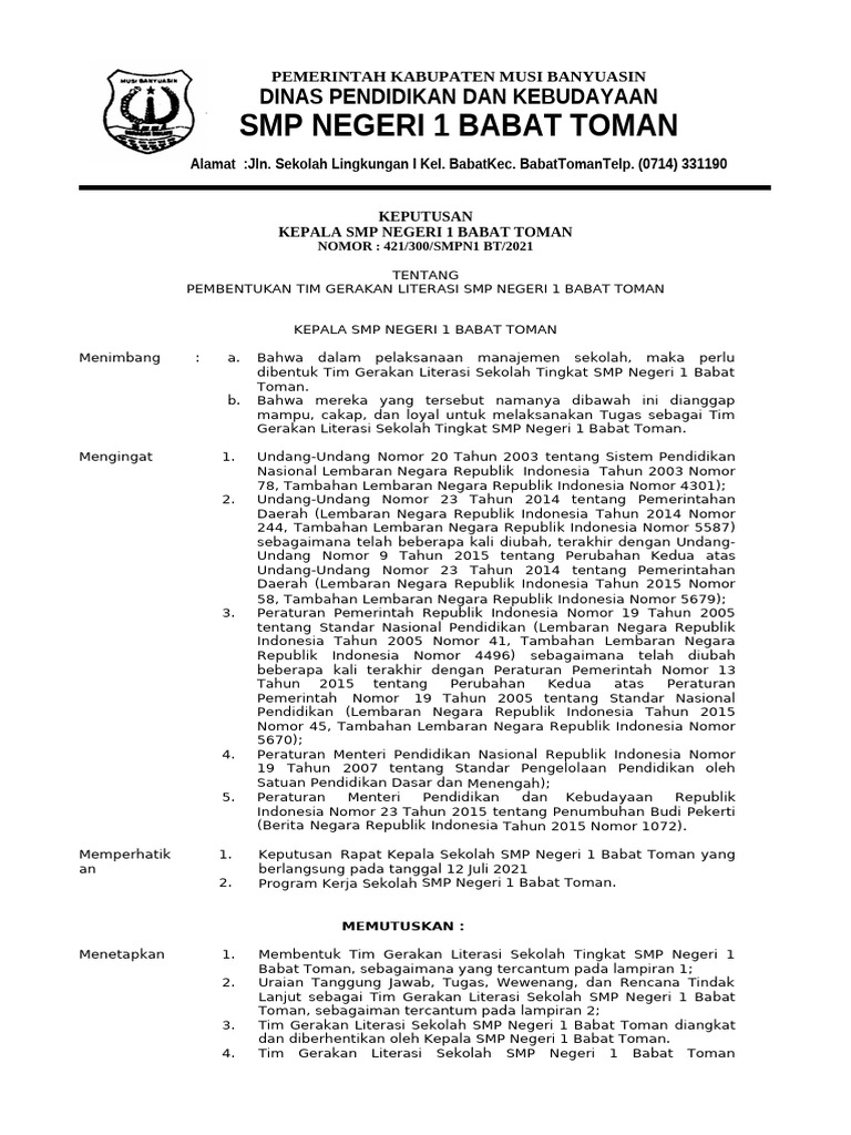 SK Tim Literasi_SMPN 1 Babat Toman | PDF