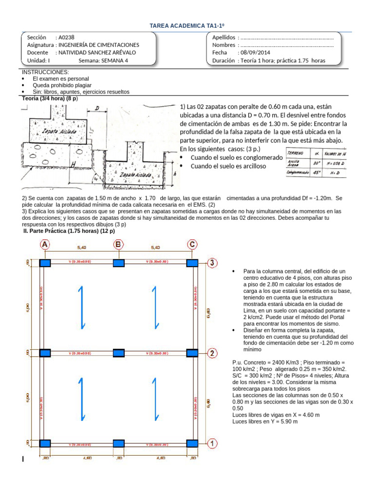 Tarea Académica-Ing. de Cimentaciones - Ta1-1º (08-09-14) | PDF | Ingeniero civil | Ingeniería ...
