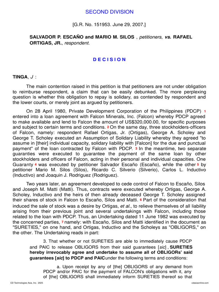 Case 40 - Escaño v. Ortigas, Jr. | PDF | Surety | Guarantee