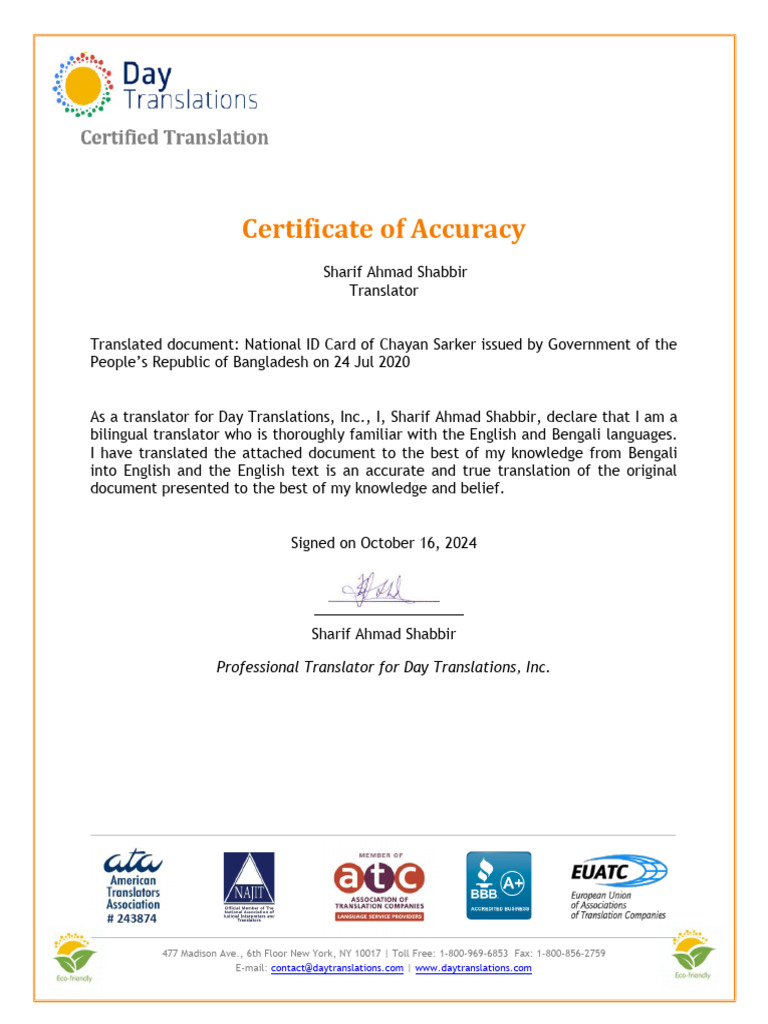 Day - Certificate of Accuracy - English - Sarker-10202463629 | PDF