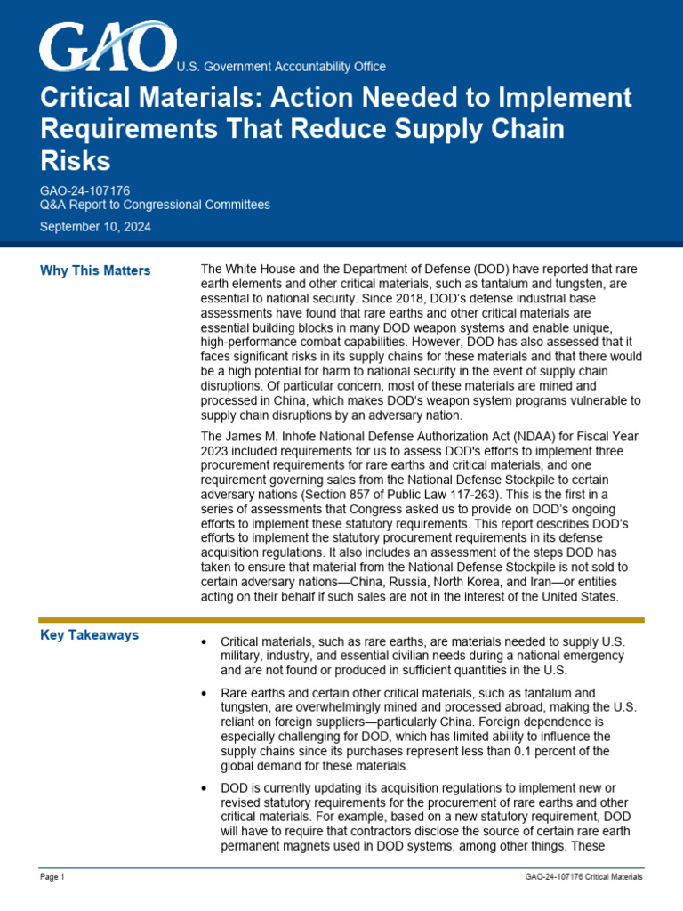 Critical Materials Action Needed To Implement Requirements That Reduce ...