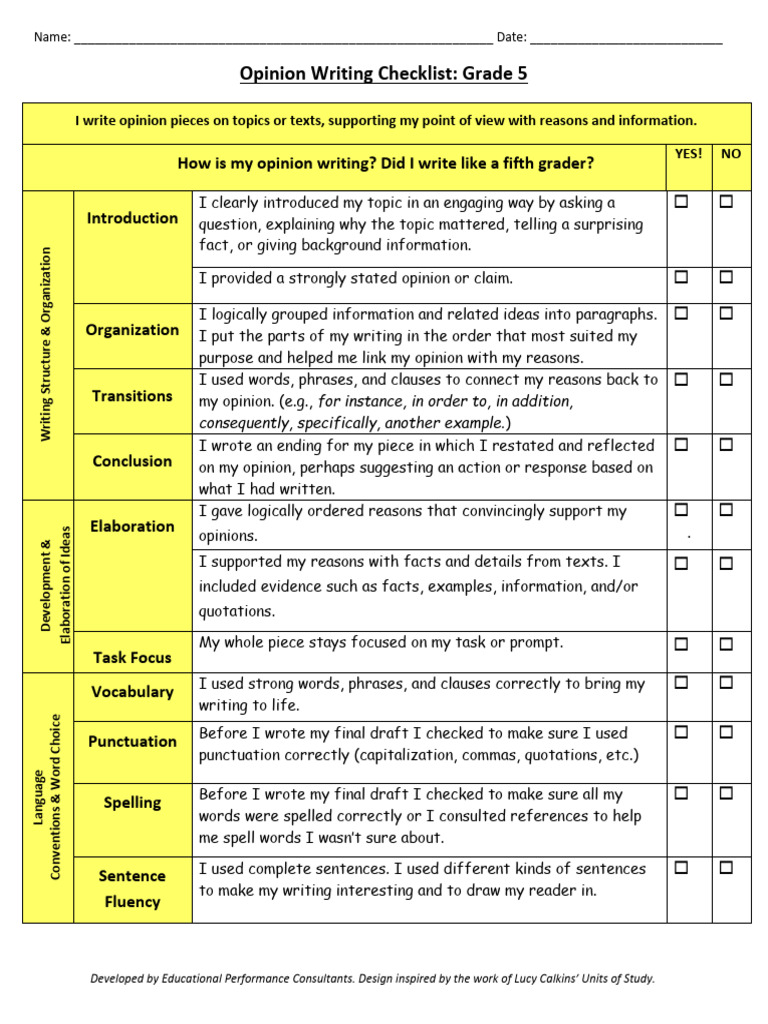 5th Grade Opinion Checklist for Students | PDF | Sentence (Linguistics ...