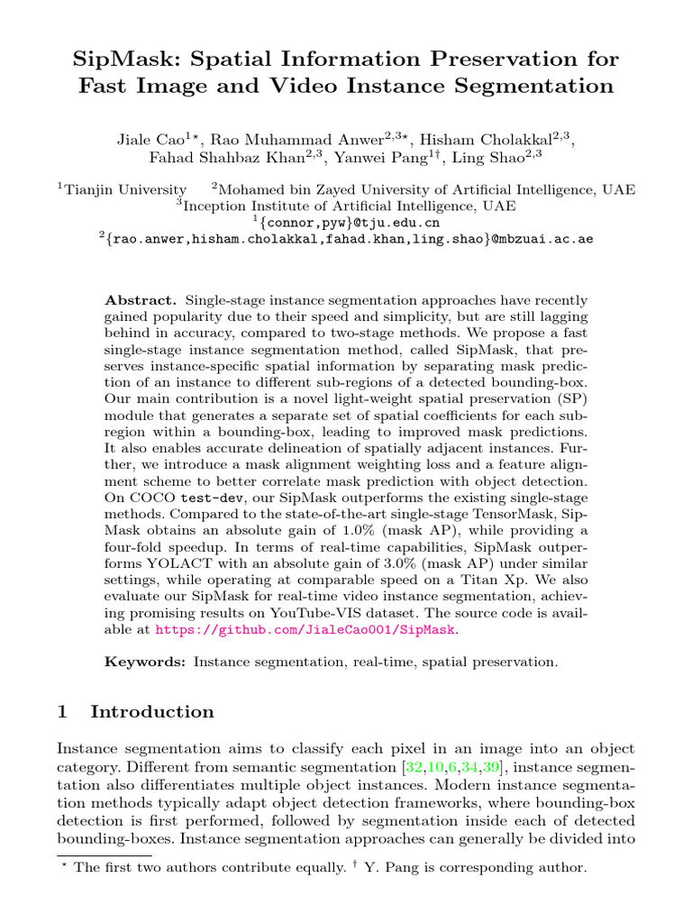 3 SipMask: Spatial Information Preservation for Fast Image and Video Instance Segmentation | PDF ...