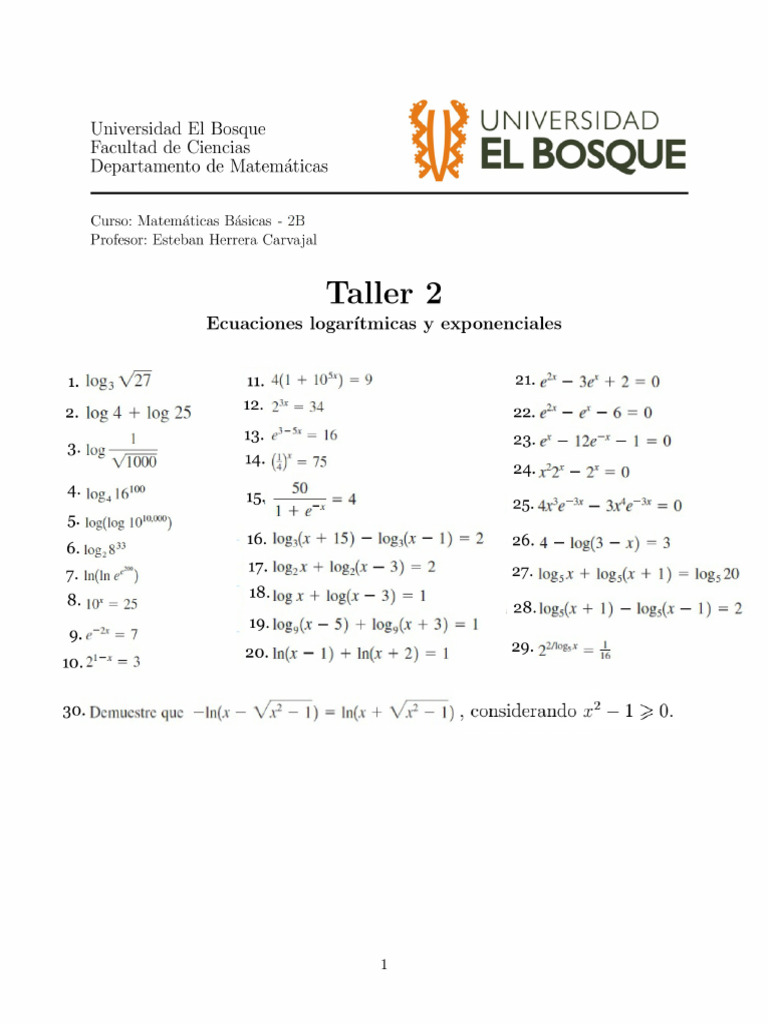 Taller 2 - Ecuaciones Logarítmicas y Exponenciales | PDF