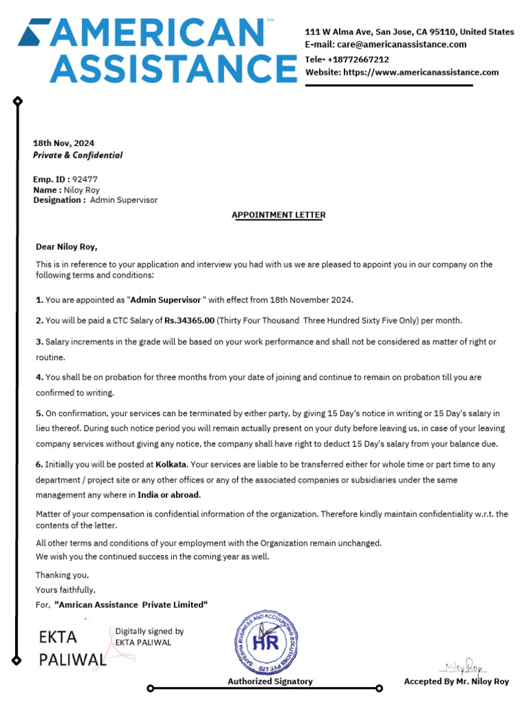 Niloy Roy Appointment Letter | PDF | Economies | Labor