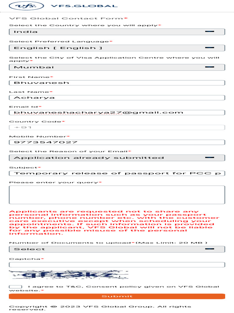 VFS Global Online Contact Form Guide | PDF