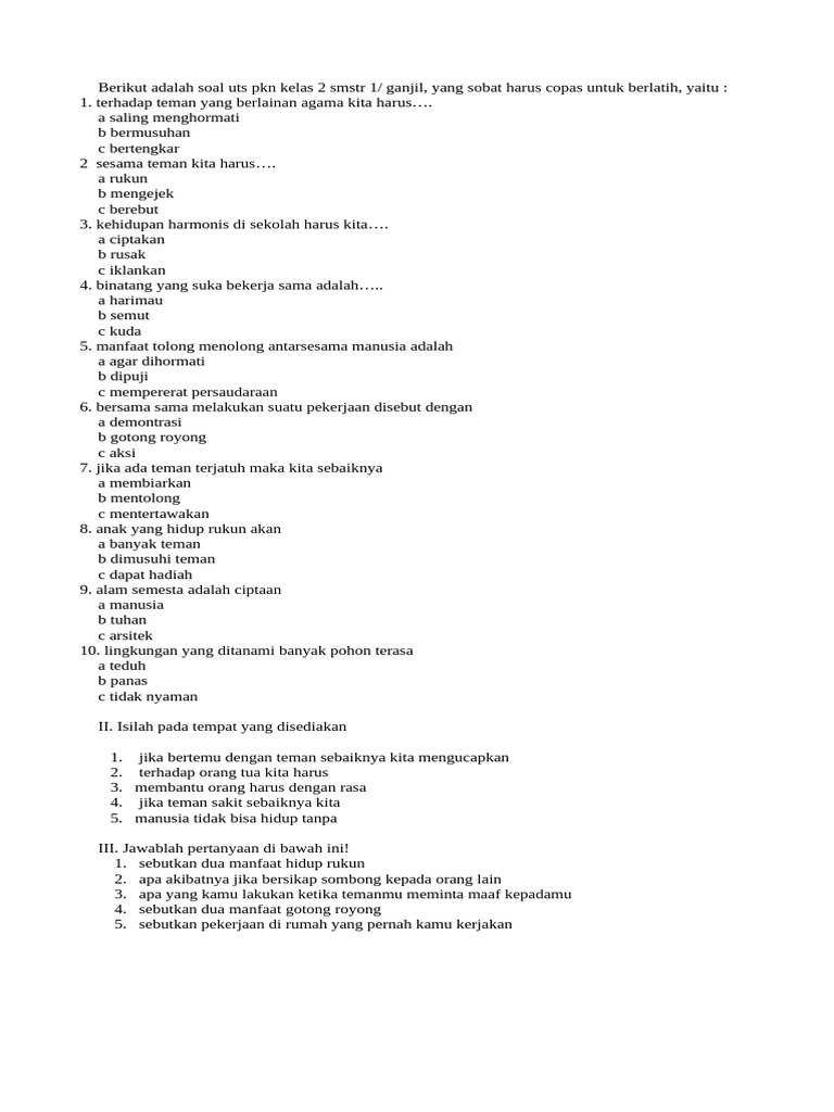Soal UTS PKN Kelas 2 Ganjil | PDF
