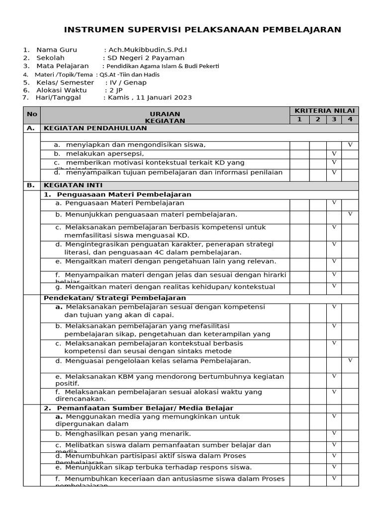 Instrumen Supervisi Pelaksanaan Pembelajaran | PDF