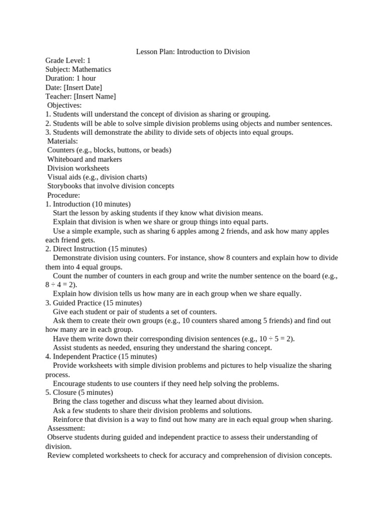 Lesson Plan 1 division | PDF | Lesson Plan | Cognition Lesson Plan 1 division | PDF | Lesson Plan | Cognition