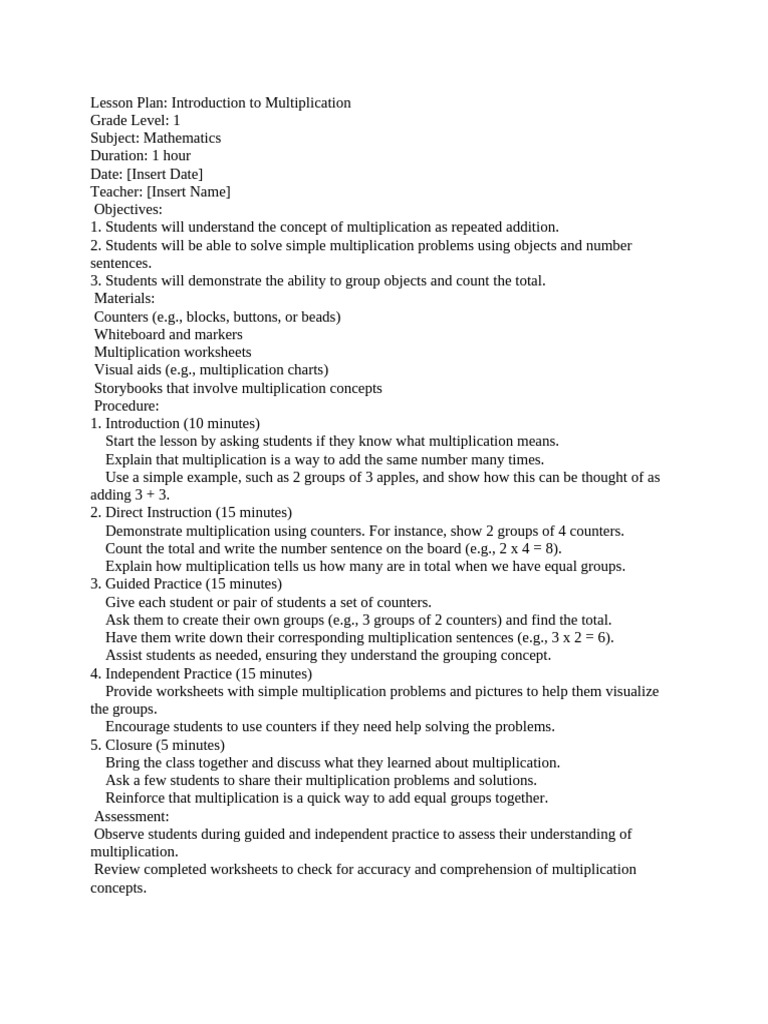 Lesson Plan 1 Multiplication | PDF