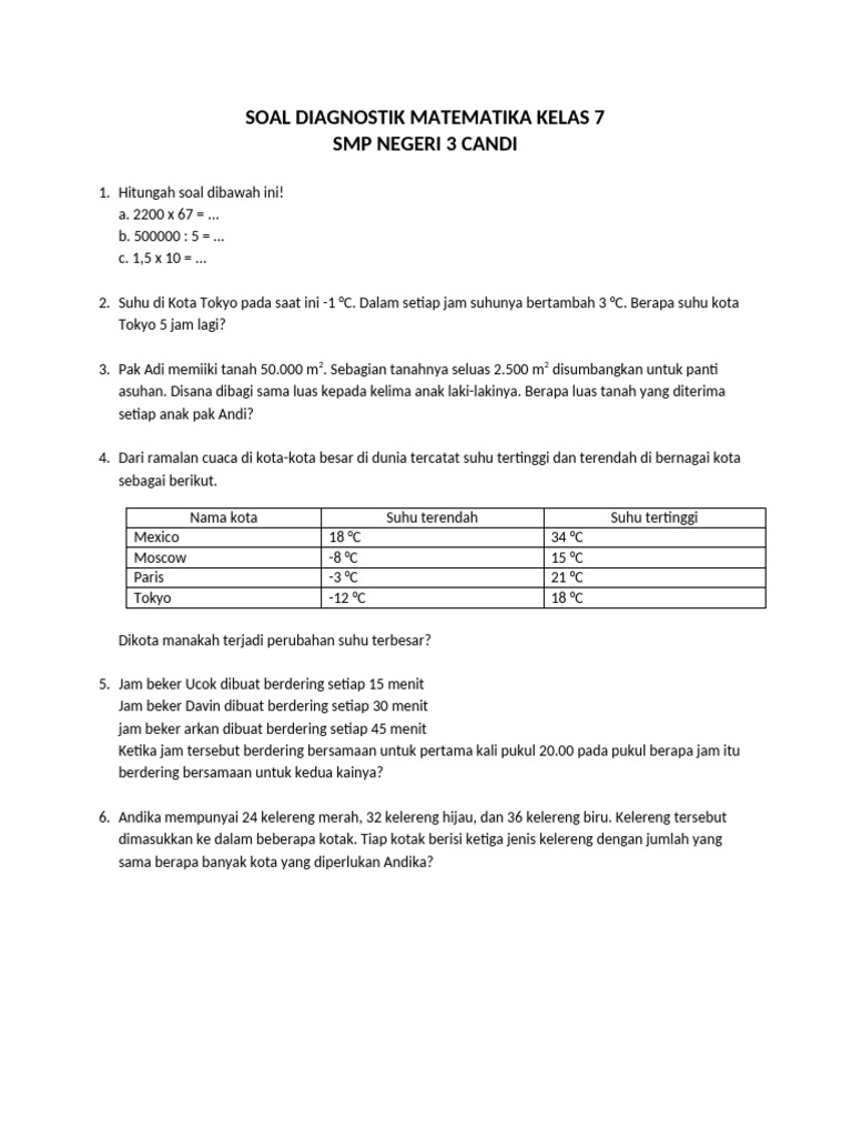 Soal Diagnostik Matematika Kelas 7 | PDF