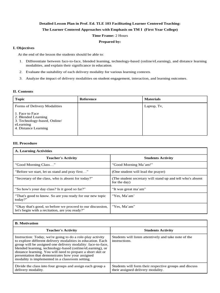 Lesson Plan | PDF | Classroom | Learning