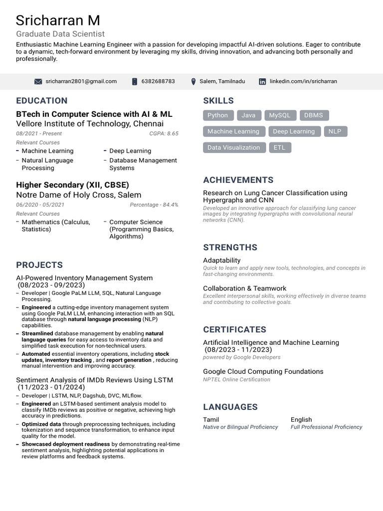 Data Scientist Profile from Vellore | PDF | Machine Learning | Databases
