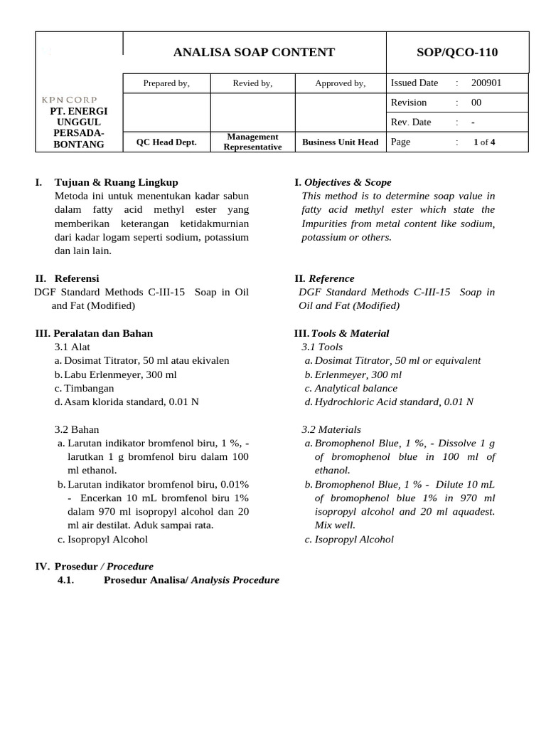 SOP QCO 110 Analisa SOAP CONTENT | PDF | Titration | Chemistry