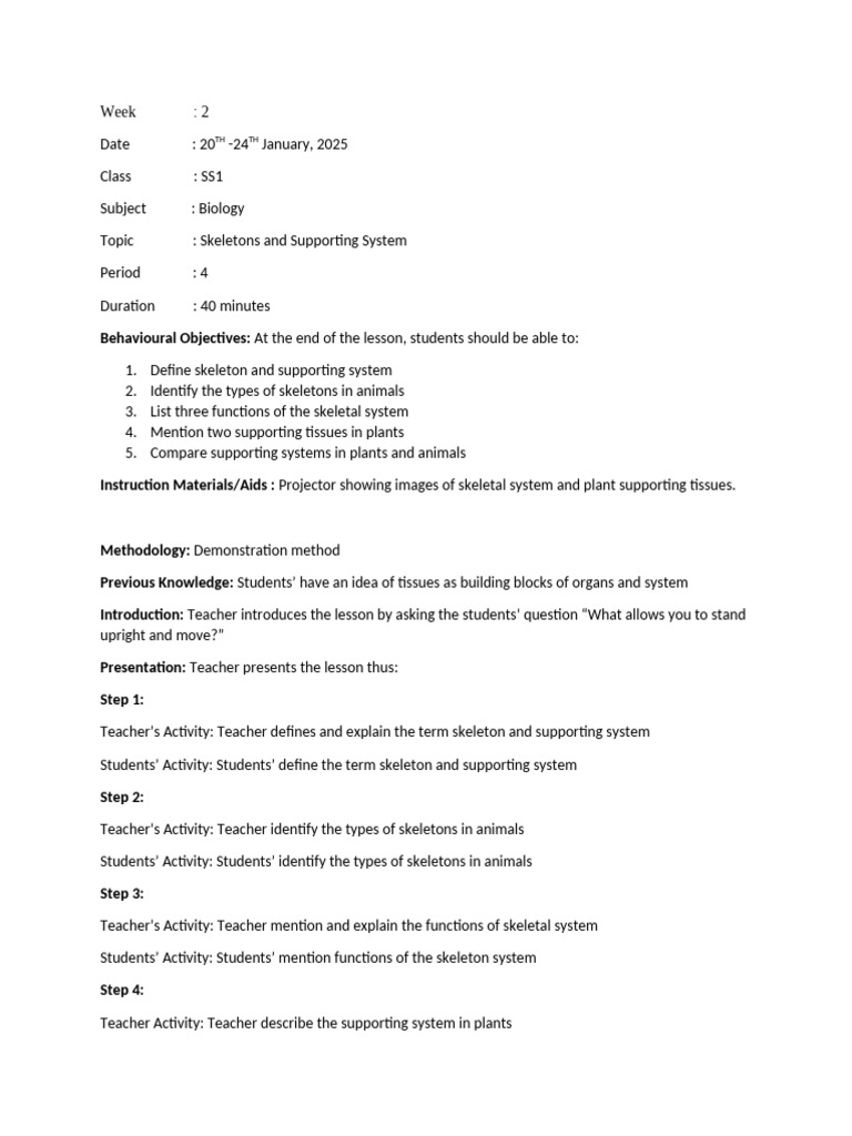 Lesson Plan Biology | PDF | Skeleton | Zoology