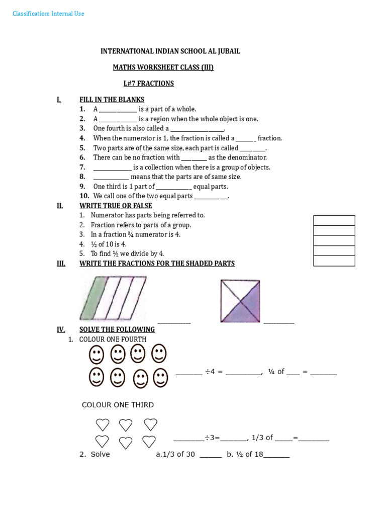Class III Fractions Worksheet | PDF | Mathematical Objects | Lexicology