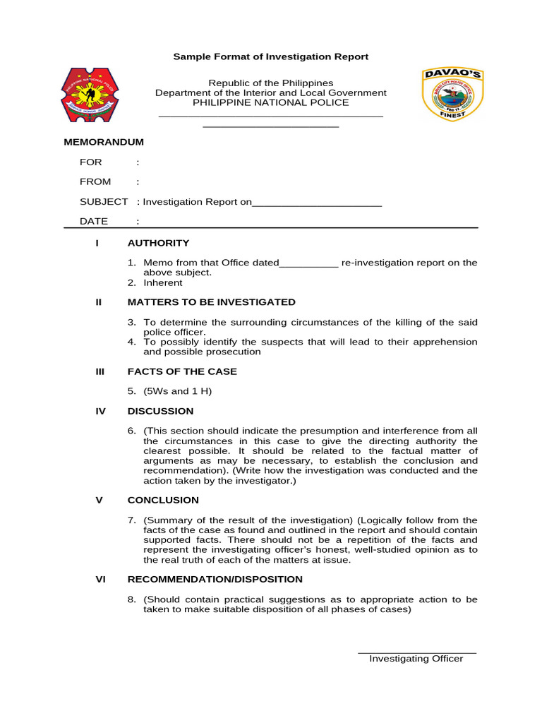 Sample Format of Investigation Report | PDF