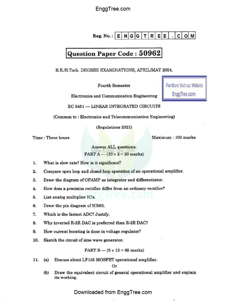 EC3451 Linear Integrated Circuits Apr May 2024 Question Paper Download | PDF