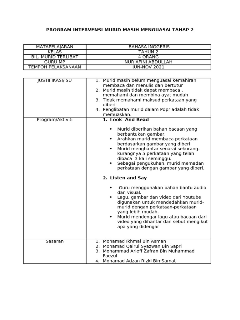 Program Intervensi Murid Masih Menguasai TP2 | PDF