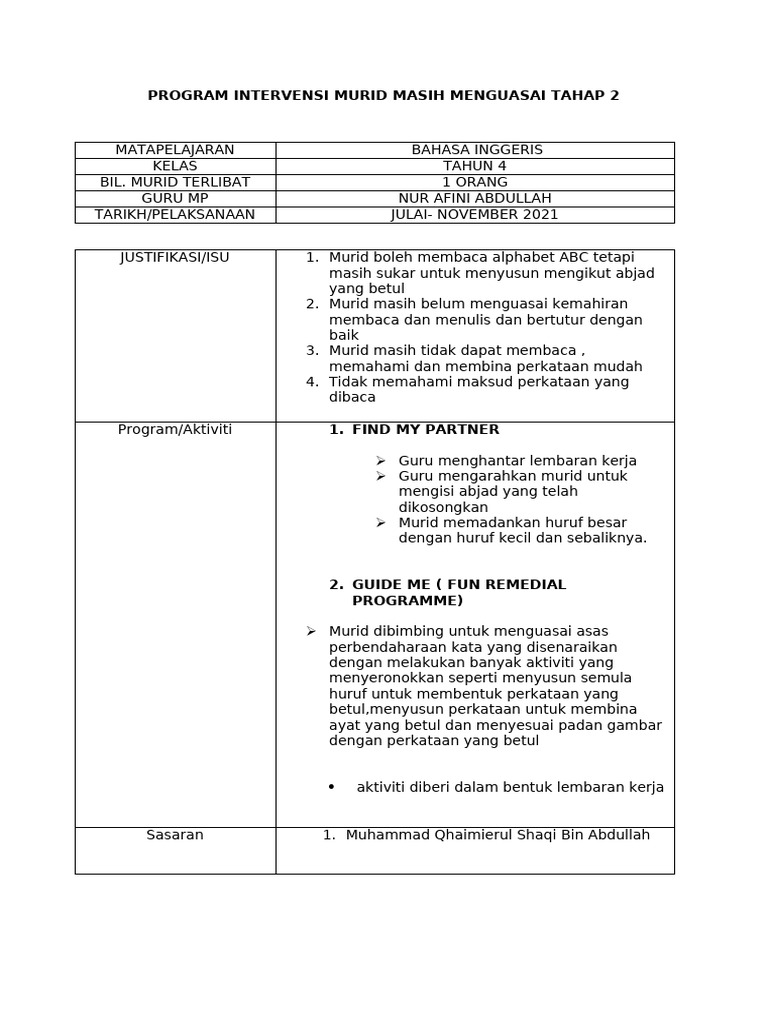 PROGRAM INTERVENSI MURID MASIH MENGUASAI TP2-3 | PDF