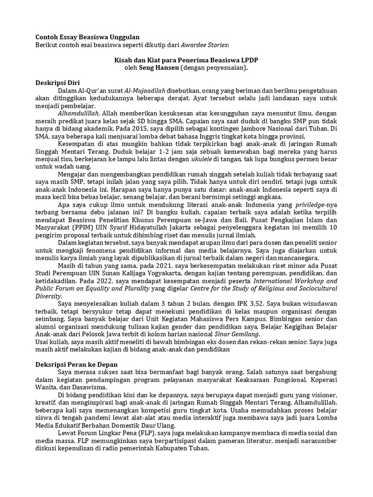 Contoh Essay Beasiswa Unggulan | PDF