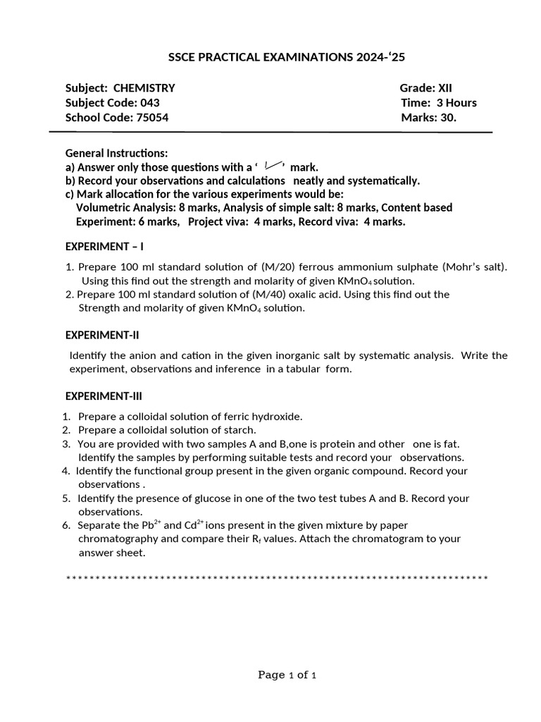 CHEMISTRY Gr. 12 Board Practicals 24-25 | PDF