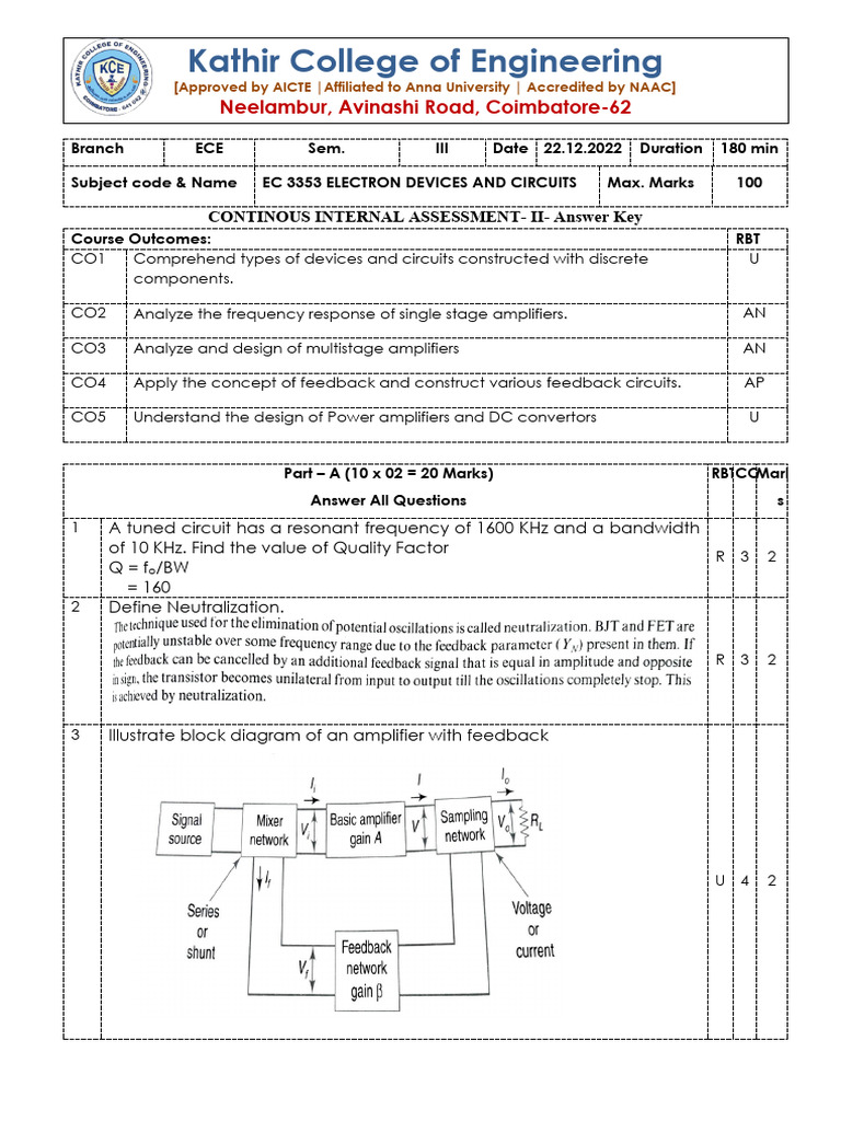 EC3353 Internal Assessment Key | PDF | Amplifier | Electronic Oscillator