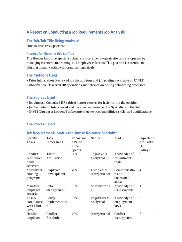 Human Resource Specialist Job Analysis | PDF