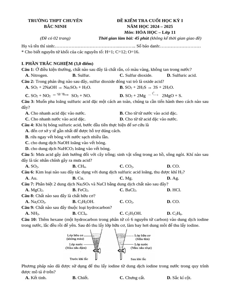 De Thi HK1 Hoa 11 So GD Bac Ninh 23 24 | PDF