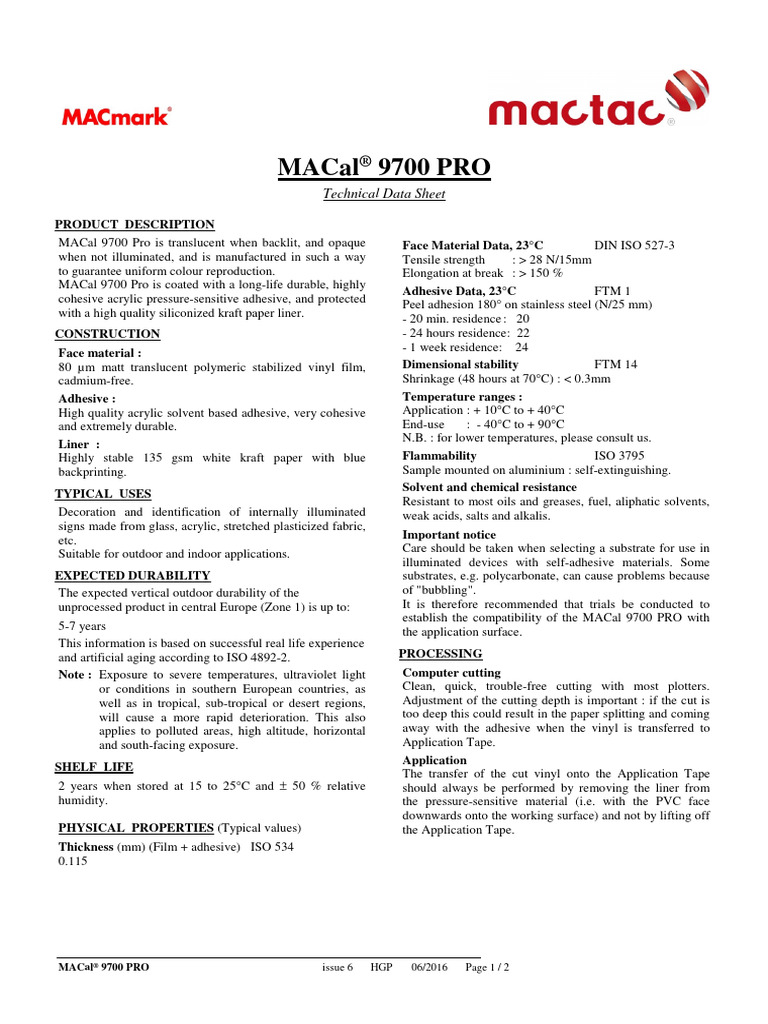 Mactac 9700 Translucent Series Data Sheet | PDF | Mechanical Engineering | Secondary Sector Of ...