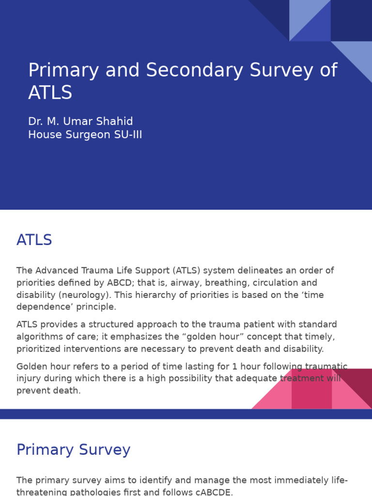 ATLS Primary and Secondary Survey Guide | PDF | Bleeding | Medical ...