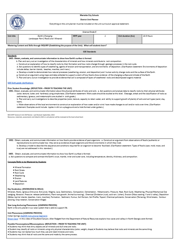MYP Science Unit Rocks & Minerals | PDF | Rock (Geology) | Soil