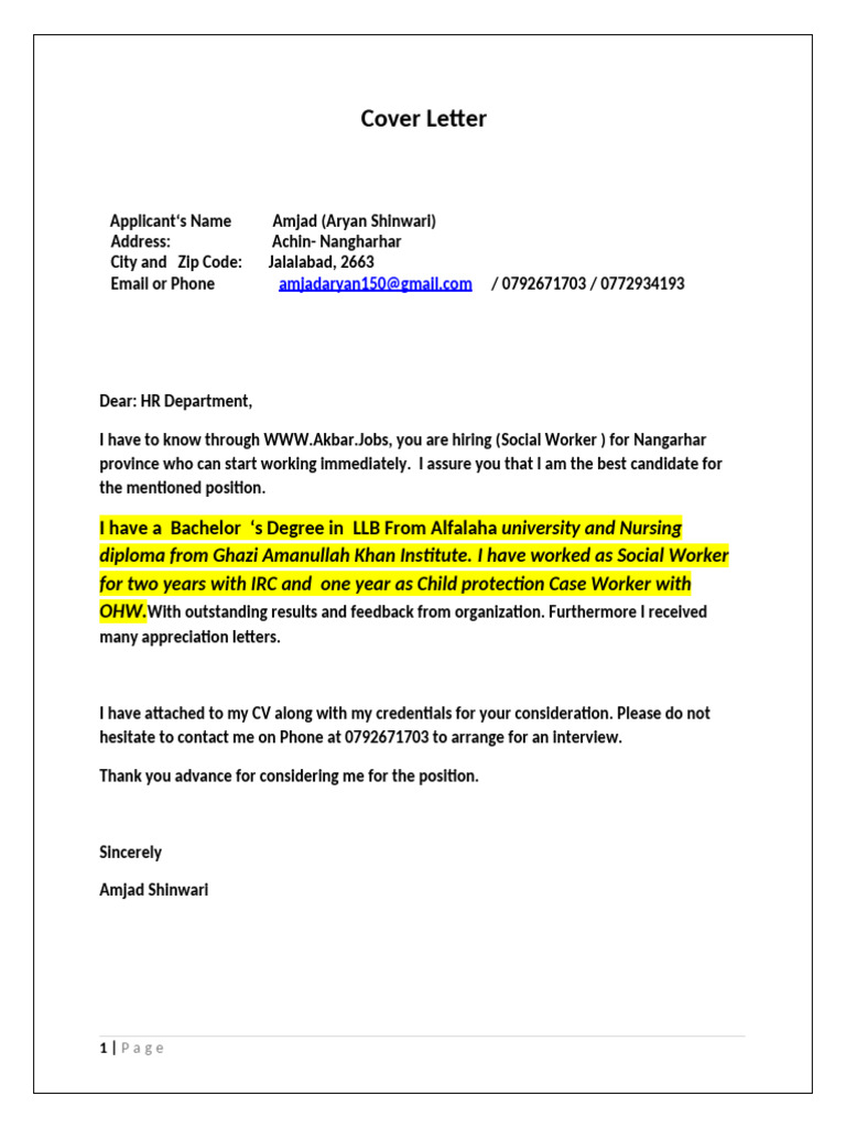 Amjad CV For The Position of Social Worker IMC | PDF | Nangarhar ...