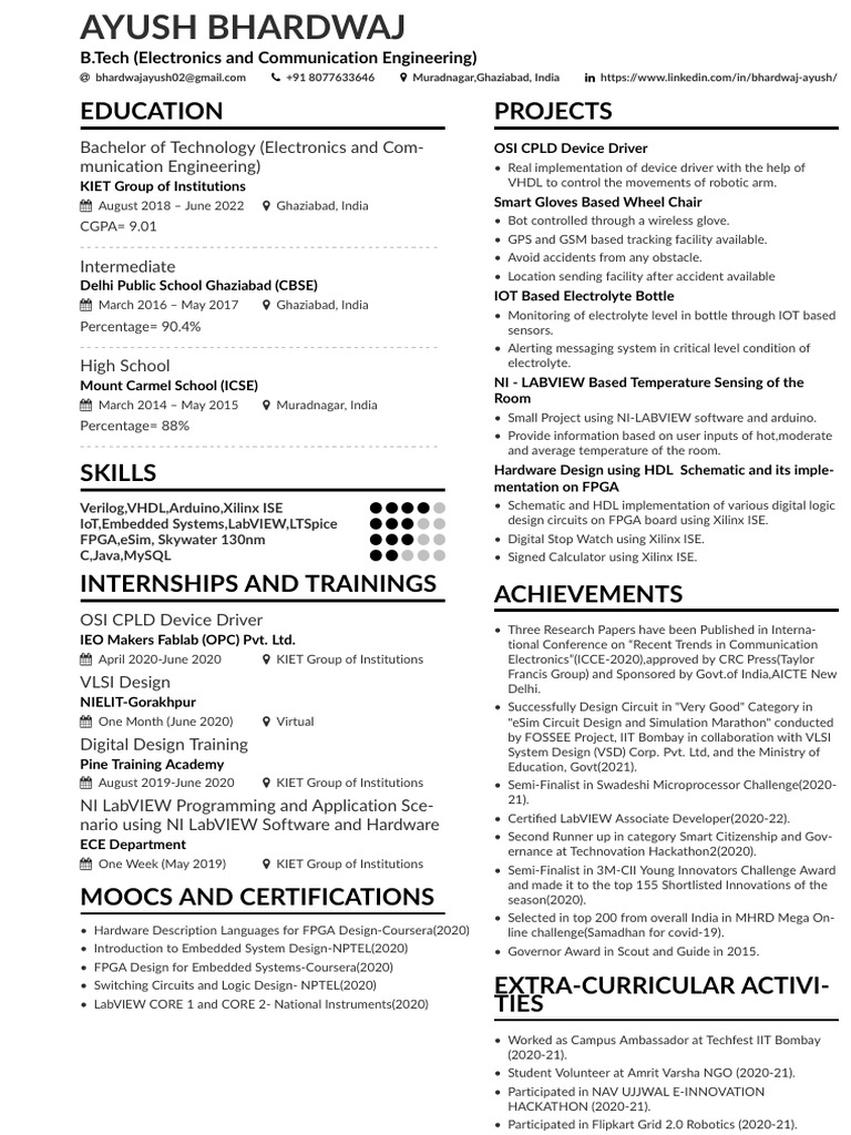 Ayush_Bhardwaj_Resume_1.pdf[1] | PDF | Field Programmable Gate Array | Hardware Description Language