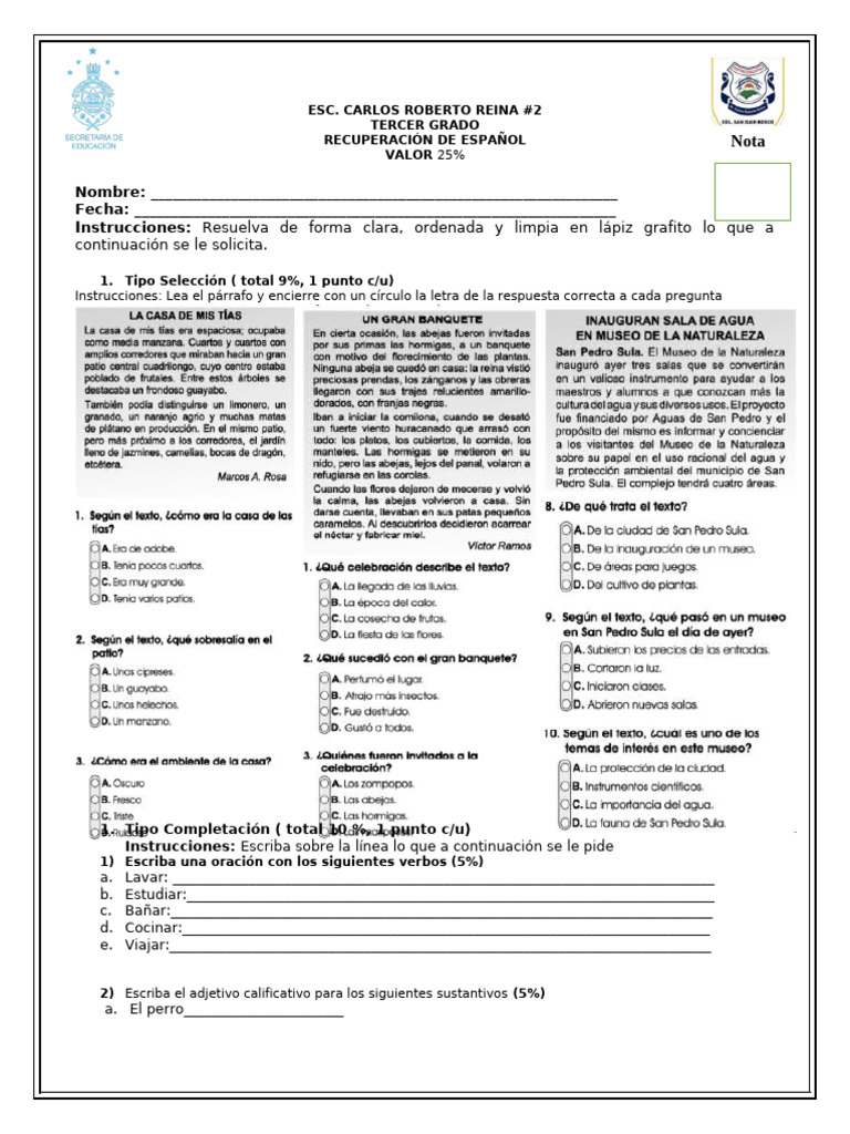 Recuperación de Español Tercer Grado | PDF