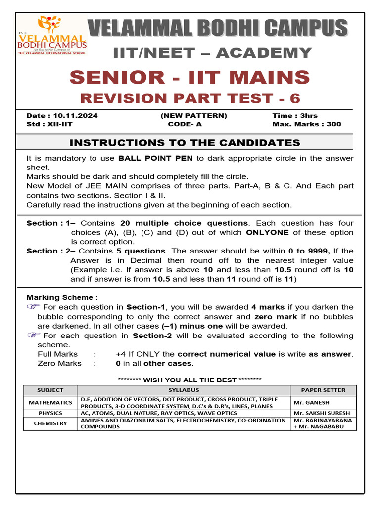 IIT Mains Revision Test 6 - 2024 | PDF | Amine