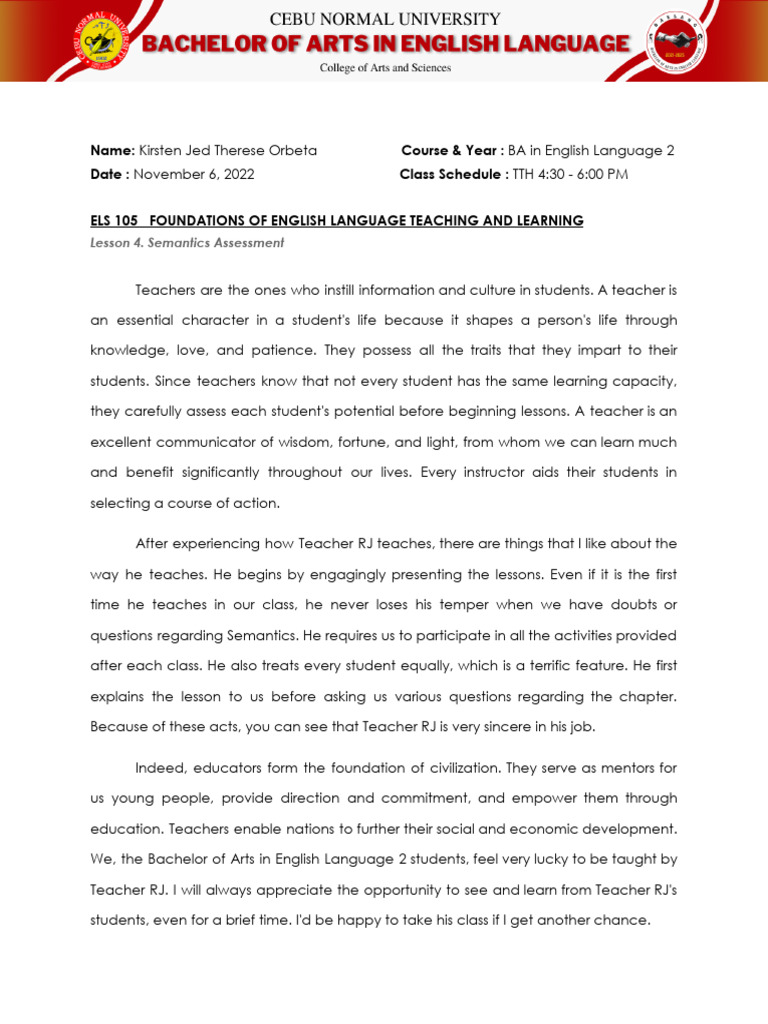 ELS 105 - Lesson 4 Semantics Assessment (Orbeta, Kirsten Jed Therese ...