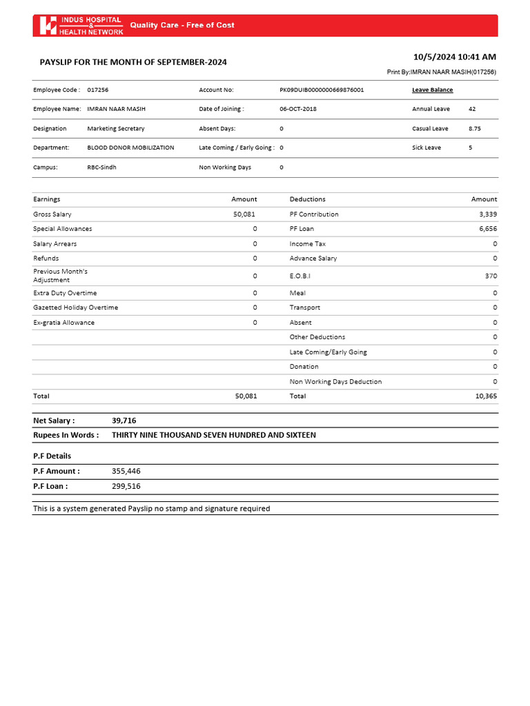 Sep Slip | PDF | Salary | Employment Compensation