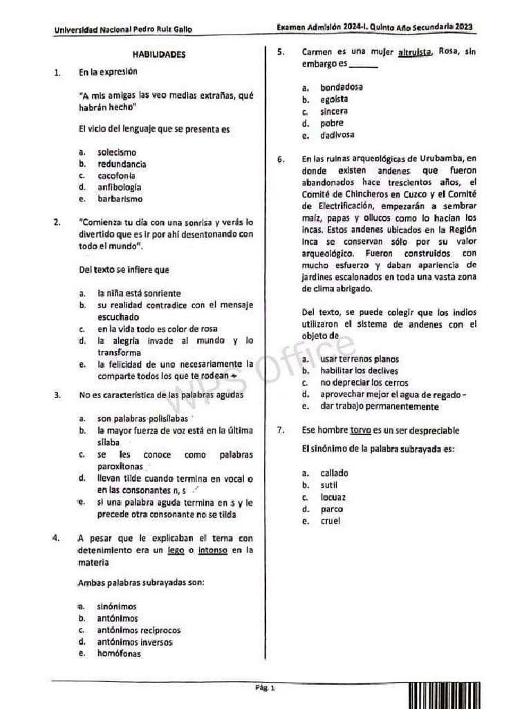 Examen Unprg 5to 2024-I | PDF