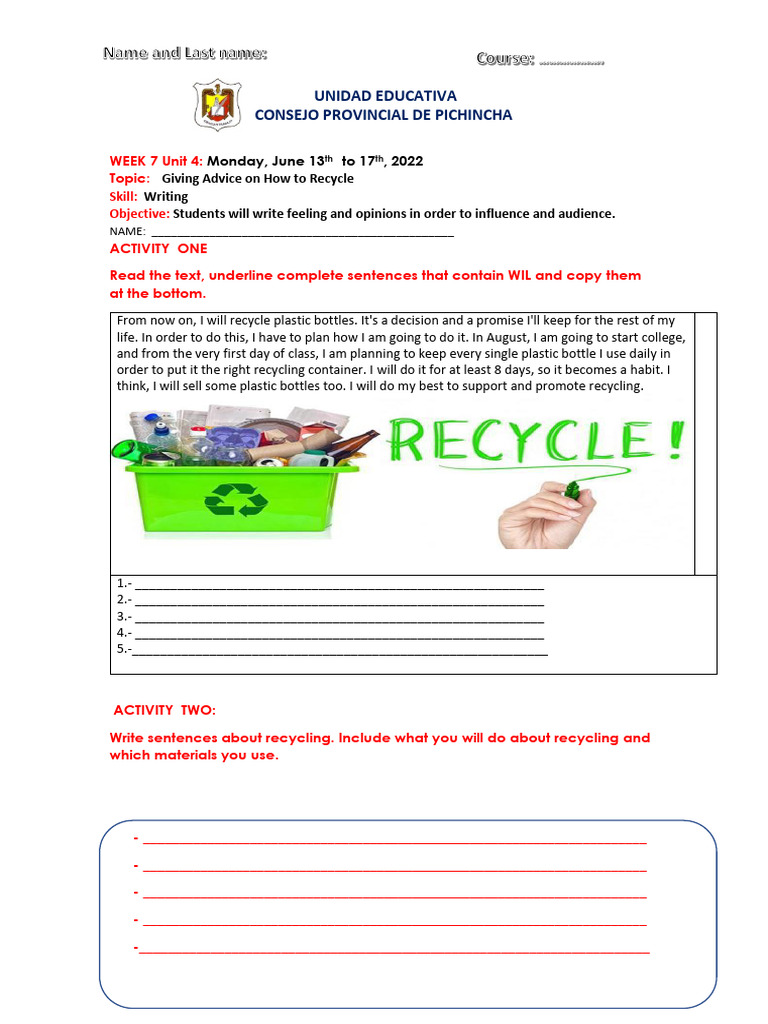 Recycling Advice Writing Activities Pdf
