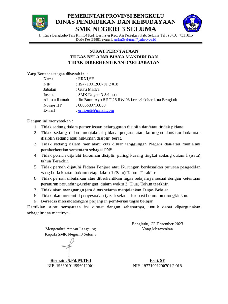 Pernyataan_Tugas_Belajar ERNI | PDF