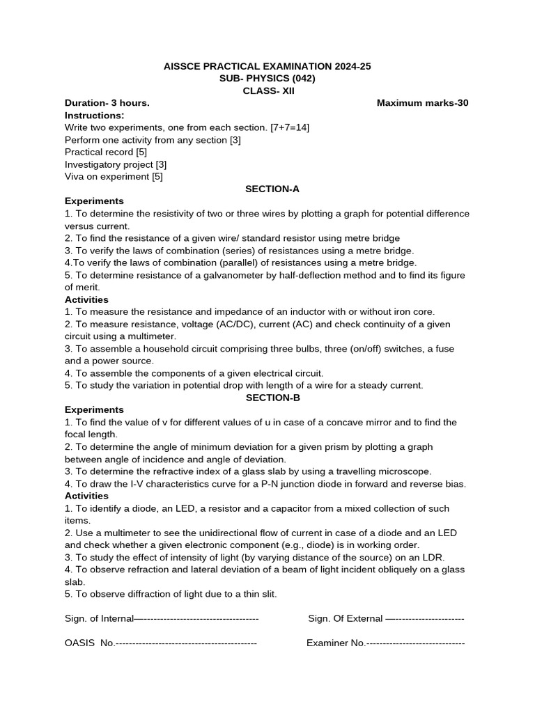 Aissce Physics Practical Examination 2023-24 | PDF | Electrical Network | Diode