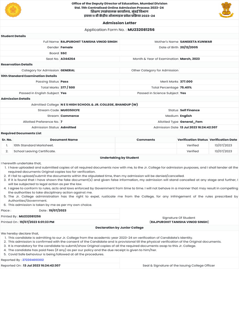 Mumbai Std. 11 Online Admission 2023-24 | PDF