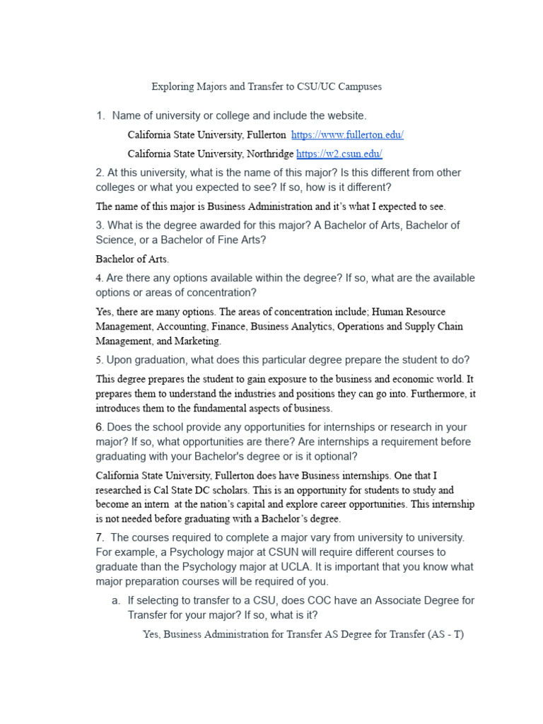 Exploring Majors and Transfer To CSU - UC Campuses | PDF | Business ...