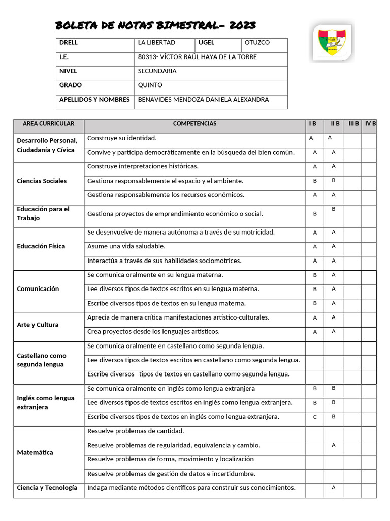Boleta de Notas Bimestral - 2023: Area Curricular Competencias IB IIB ...
