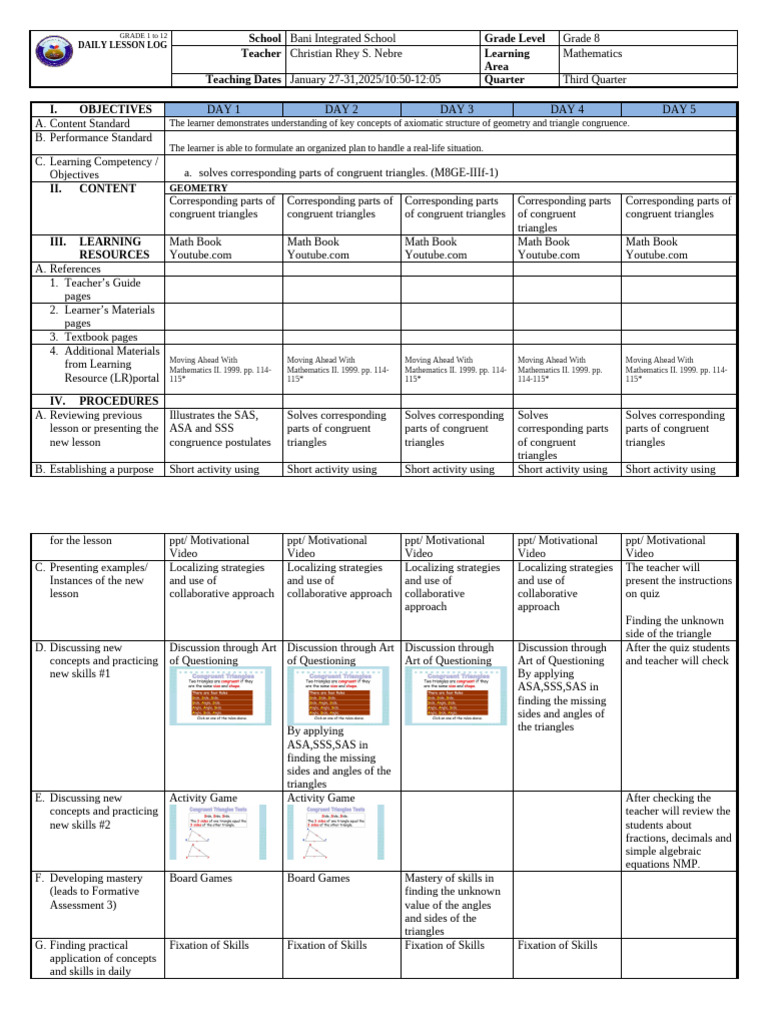 QUARTER 3 - WEEK 6 DLL MATH 8 jAN-27-31 | PDF | Learning | Mathematics