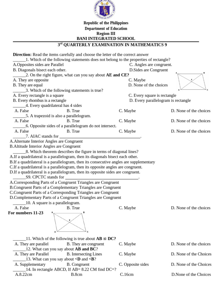Math 9 Q3 Examination PDF | PDF | Rectangle | Euclid
